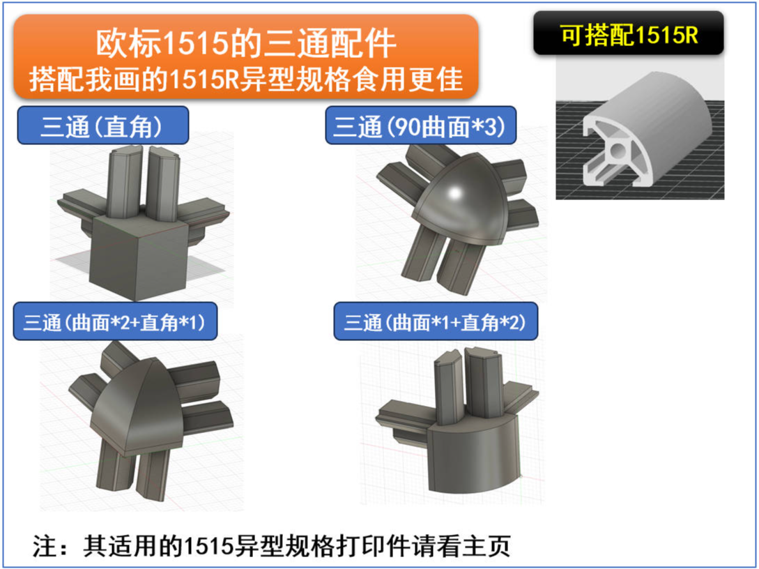 铝型材1515R三通 适配1515R 圆弧 倒角 异型 90度曲面 适配欧标1515配件 直角 圆角 来自 崽子 MakerWorld：免费 ...