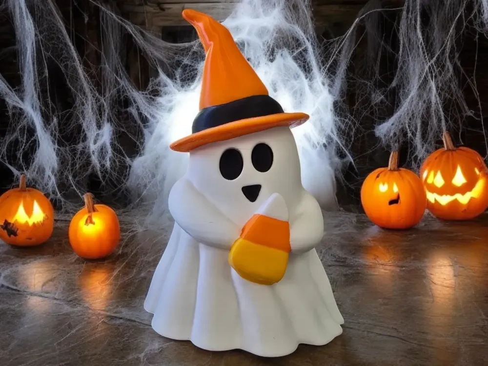 Cute Ghost Holding Candy Corn Halloween Decor 来自 johnnyTbird - MakerWorld