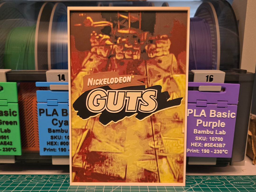 Nickelodeon GUTS 海报 - Hueforge 艺术 来自 Lumpy3D MakerWorld：免费下载 3D 模型