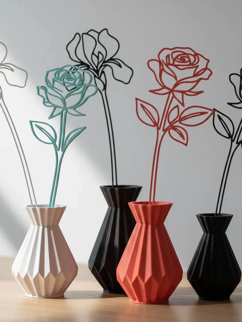 玫瑰与百合 - 花瓶装饰 - 简约花朵 - 免费 3D 打印模型 - MakerWorld